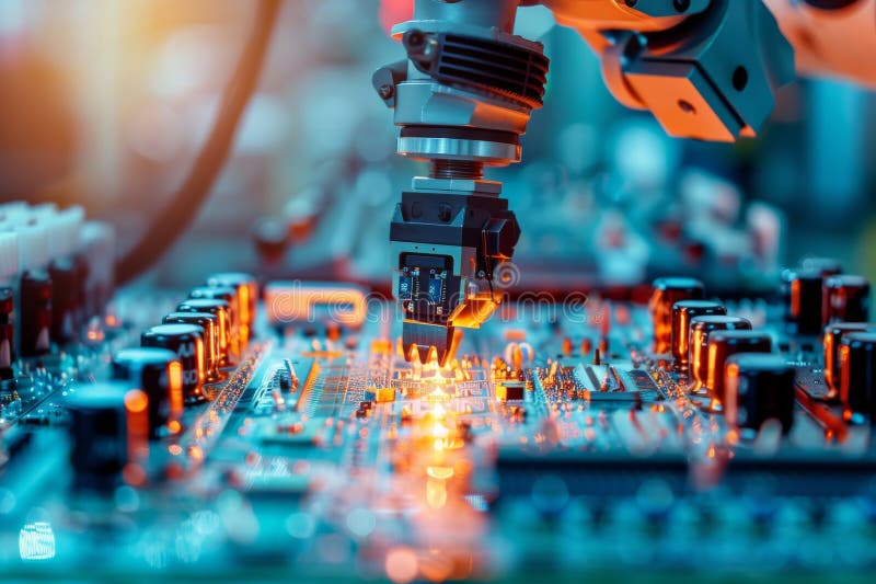 Close-up of a Robotic Arm in Action on a Modern Electronic Assembly ...