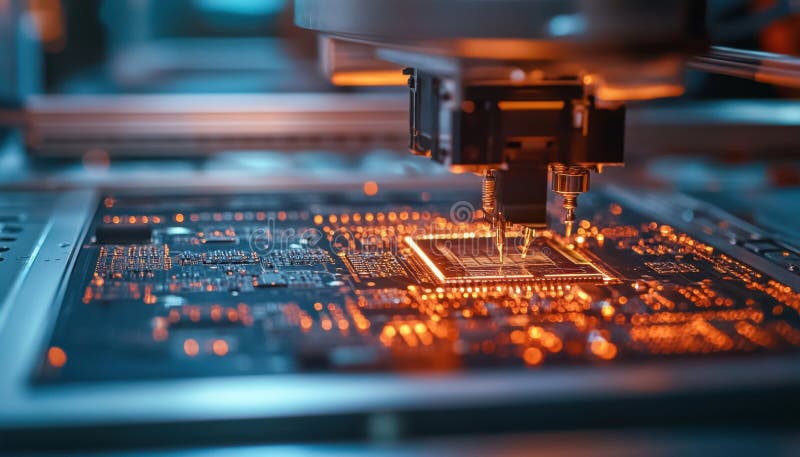 Close-up of a Robotic Arm Assembling a Computer Chip in a High-tech ...