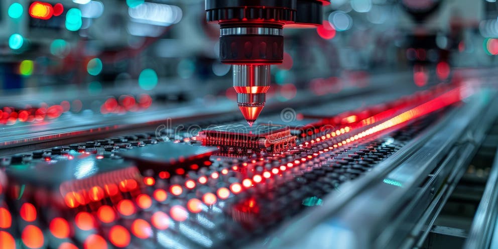 Close-up of a Robotic Arm Assembling Microchips on a Circuit Board in a ...