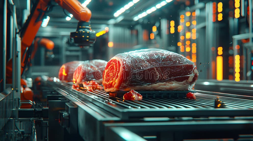 Automated Robotic System Processing Wrapped Beef on Conveyor Belt in ...
