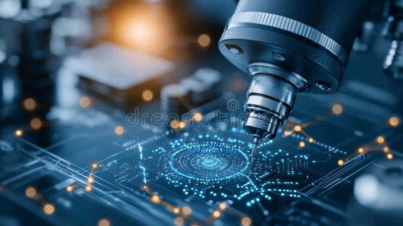Close-up of a Robotic Arm Working on a Circuit Board, with a Digital ...