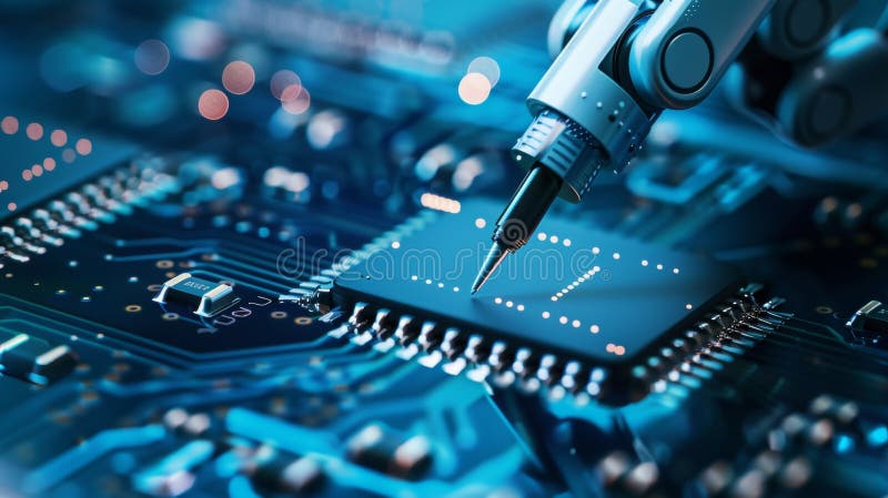 Close Up of a Robotic Arm Writing on a Circuit Board in a High Tech ...