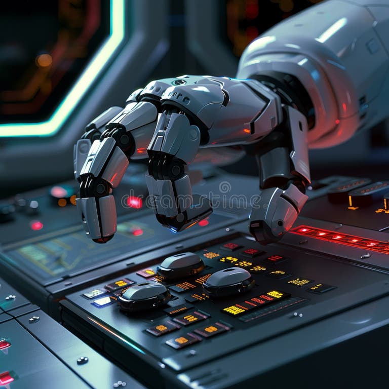 Closeup of Robotic Hand at Control Panel Emergency Light Flashing Stock ...