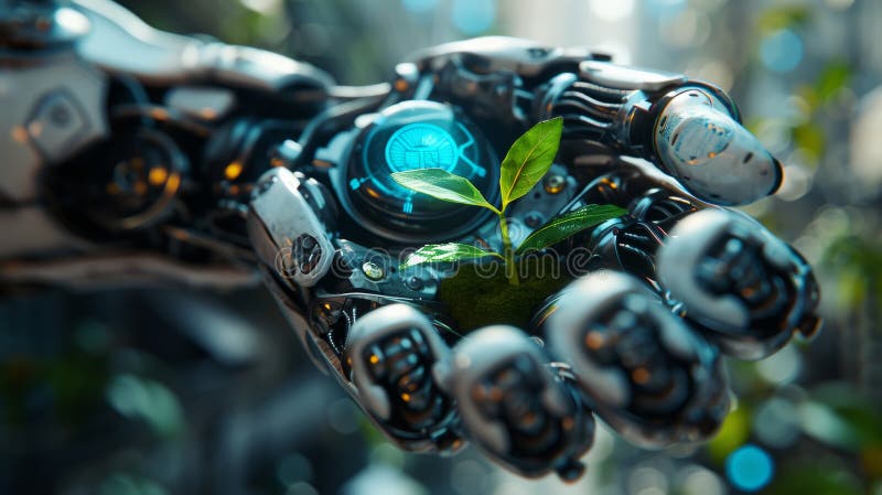 A Close-up of a Robotic Hand Gently Holding a Green Sprout, Symbolizing ...