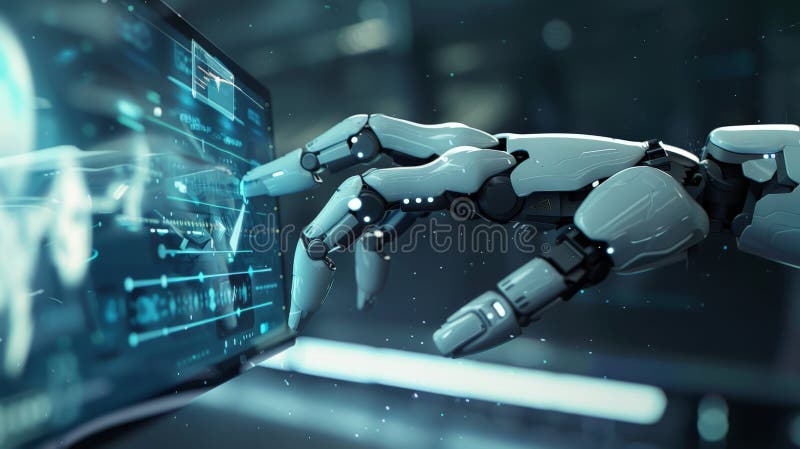 Close-up of Robotic Hand Interacting with Digital Interface. High-tech ... Close-up of Robotic Hand Interacting with Digital Interface. High-tech ...