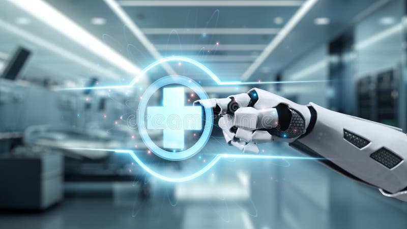 Close Up of Robotic Hand Pointing and Tapping at Cross Hologram ...