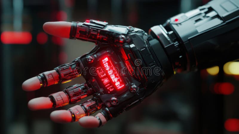Close-up of a Robotic Hand with a Red Glowing Digital Display ...