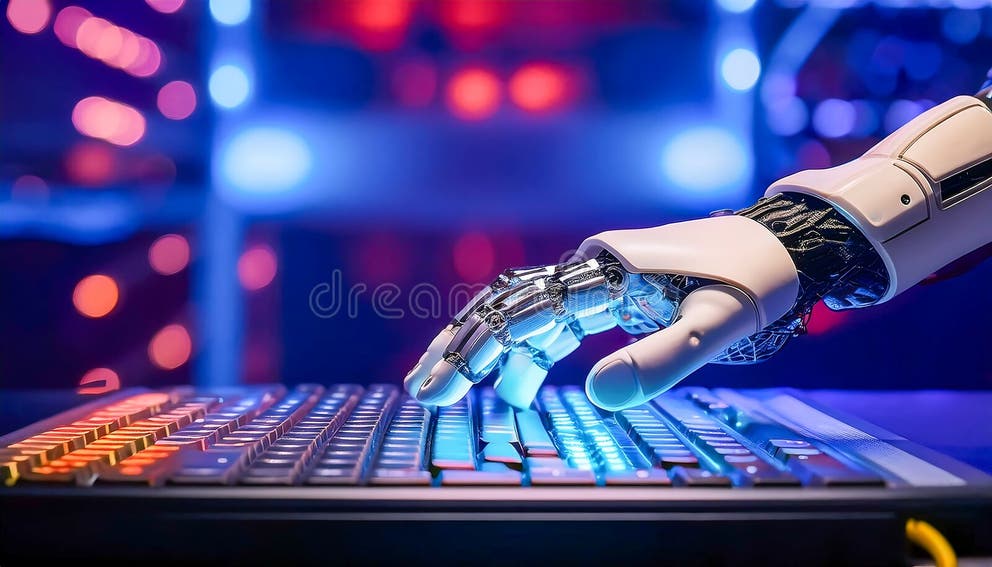 Advanced Robotic Hand Typing on Keyboard in Futuristic Digital ...