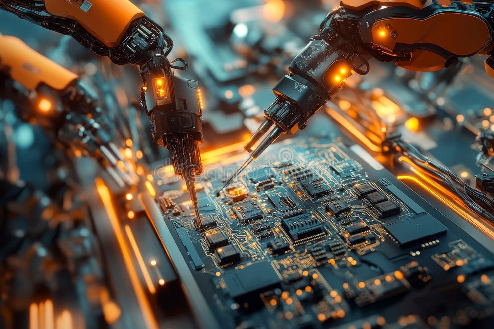 Close Up of Robotic Soldering in a High Tech Pcb Assembly Process with ...