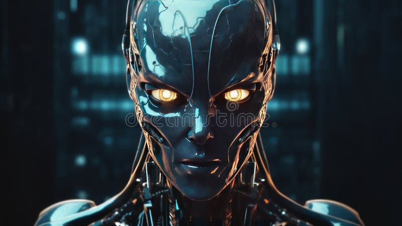 Close Up of a Robots Face with Glowing Eyes Cyberpun. Generative AI ...