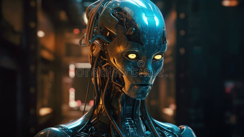 Close Up of a Robots Face with Glowing Eyes Cyberpun. Generative AI ...