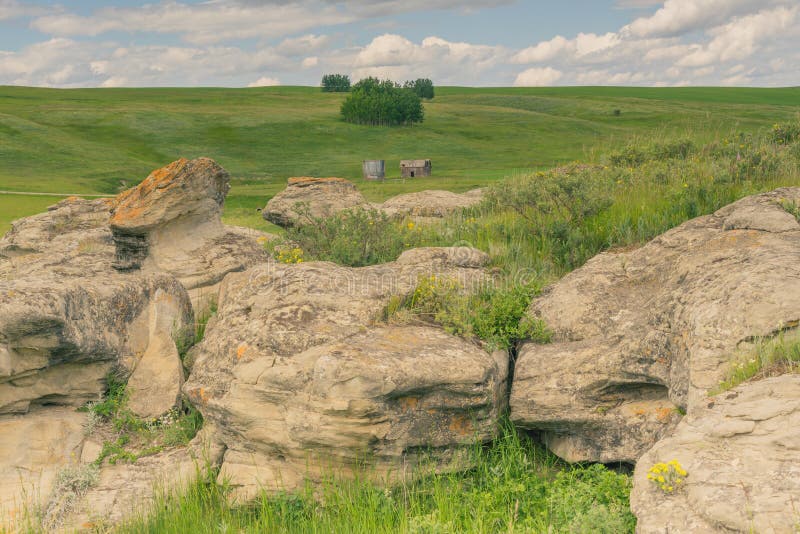 Close Up of Rock Formations and a View of Alberta Farmland Stock Image ...