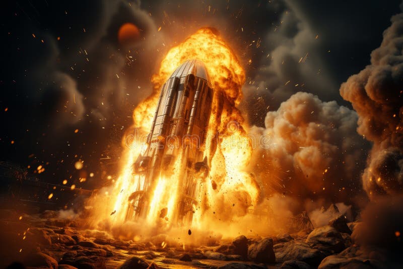 Close Up Rocket Engine Ignition Intense Flames Erupting from Nozzle in ...