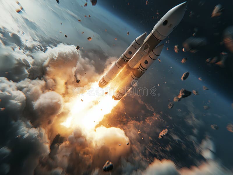 Close Up of Rocket Launch with Intense Fiery Exhaust Stock Illustration ...