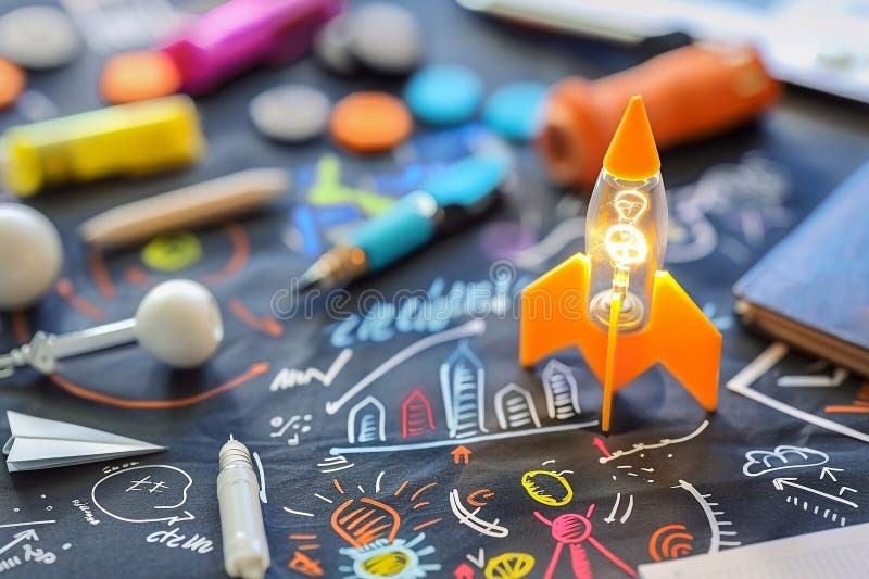 Close-up of a Rocket with a Lightbulb on a Chalkboard Stock ...