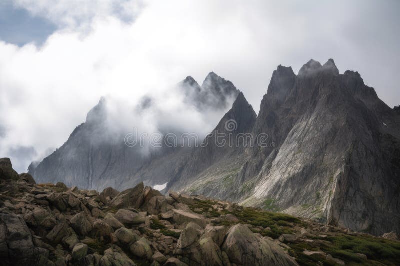 Close-up of the Rocky and Rugged Mountain Peaks, with Clouds in the ...