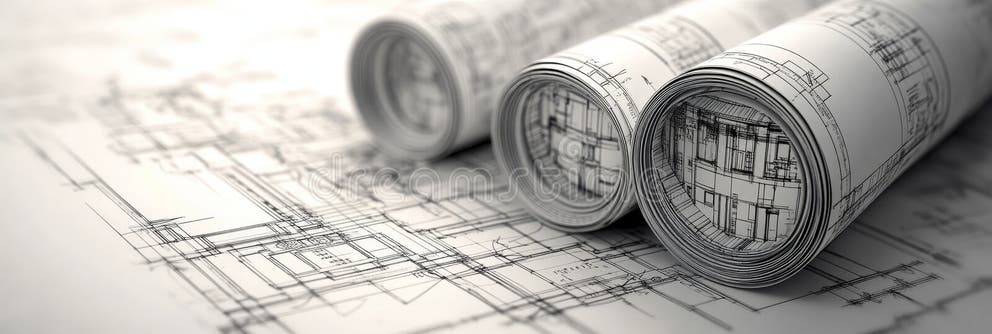 Closeup of Rolledup Architectural Blueprints Resting on a Detailed Plan ...