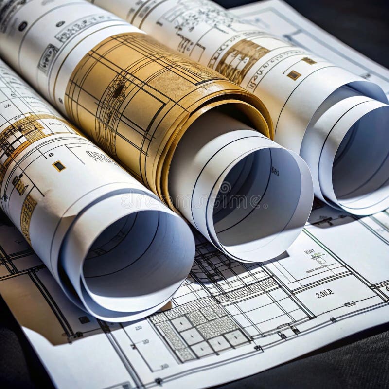 A Close-up of Rolled-up Blueprints with Technical Drawings. Stock ...