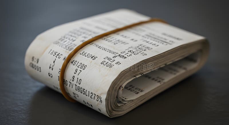 Close-up of a Rolled Stack of Receipts Secured with a Rubber Band Stock ...