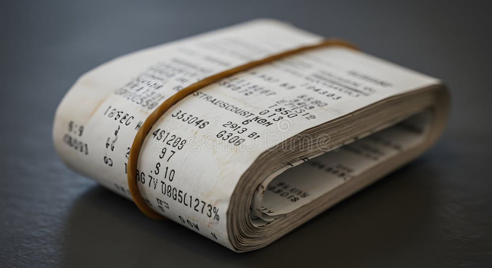 Close-up of a Rolled Stack of Receipts Secured with a Rubber Band Stock ...