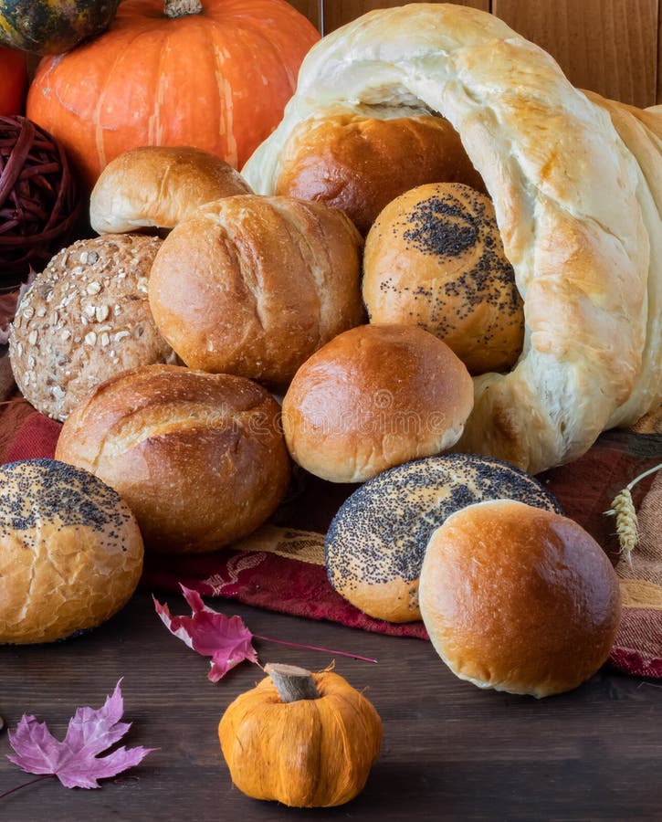 Close Up of Rolls and Buns Pouring Out of a Homemade Bread Cornucopia ...