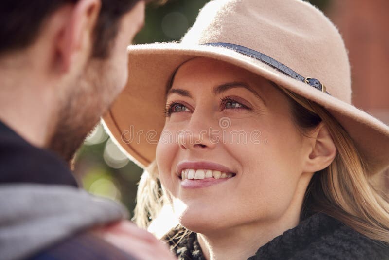 Close Up of Romantic Couple Hugging on Walk through Fall Park Together ...