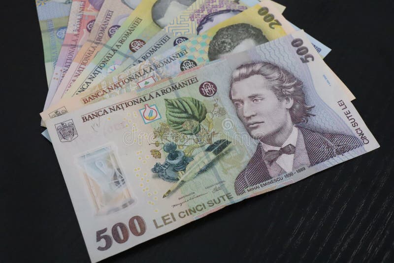 Close up of RON banknotes stock photo. Image of romanian - 166945892