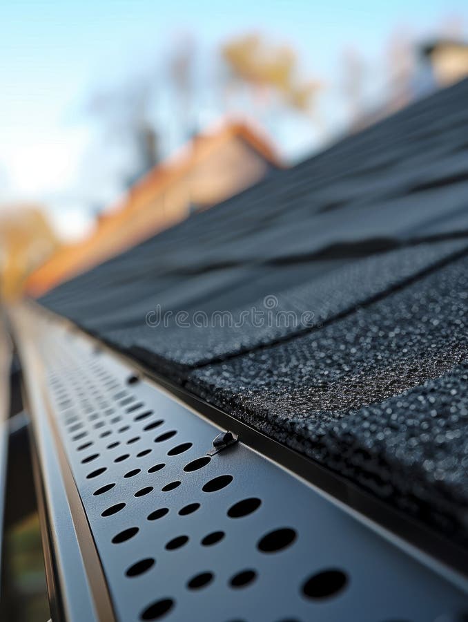Close-up of a Rooftop Gutter with Shingles, Focus on Drainage System ...