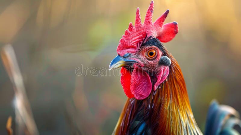 A Close Up of a Rooster with Red and Blue Feathers, AI Stock Photo ...