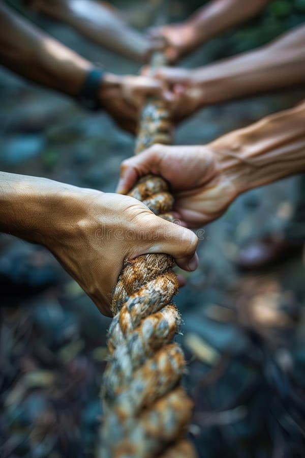 A Close-up of a Rope Being Tightly Pulled by Multiple Hands ...
