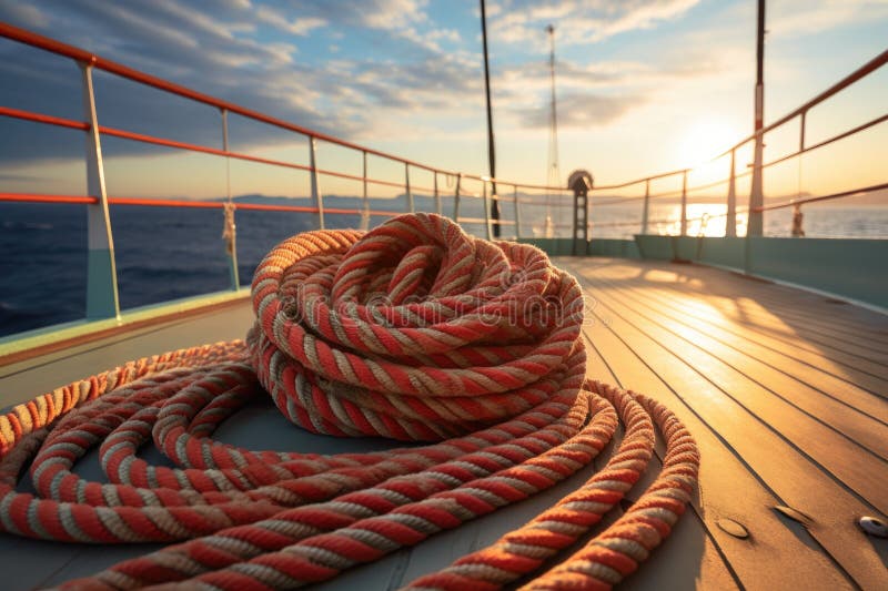 A Close-up of a Rope Coil on a Ship Deck with the Sea in the Background ...