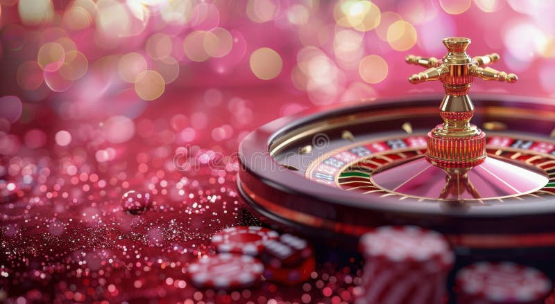 Close Up of a Roulette Wheel with Chips and Dice on a Red Surface Stock ...