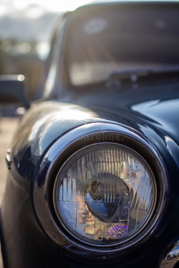 Close-up of a Round Headlight on an Old Car. on Against the Sun Stock ...