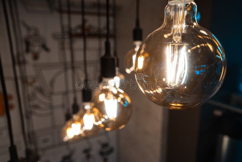 Close Up Round Light Bulbs in a Vintage Room. Stock Photo - Image of ...