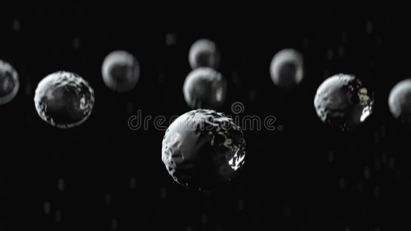 Close Up of Row Black Moving Changing 3D Atoms, Liquid Circles of ...