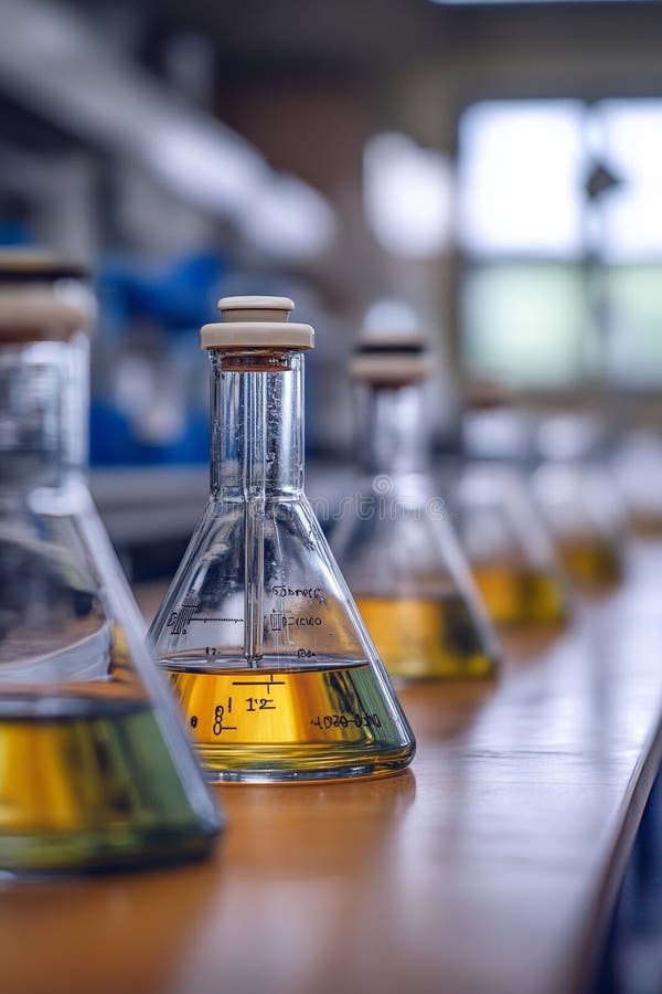 Close Up on a Row of Erlenmeyer Flasks Filled with Golden Liquid ...