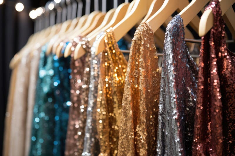 Close-up of a Row of Glamorous Sequin Evening Gowns Hanging on a Rack ...