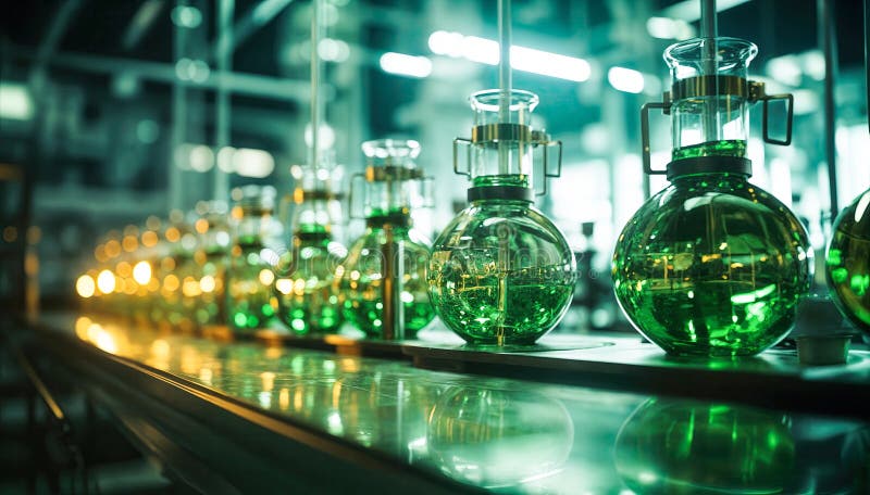 Close-up of a Row of Glass Flasks with Green Liquid Inside on a ...
