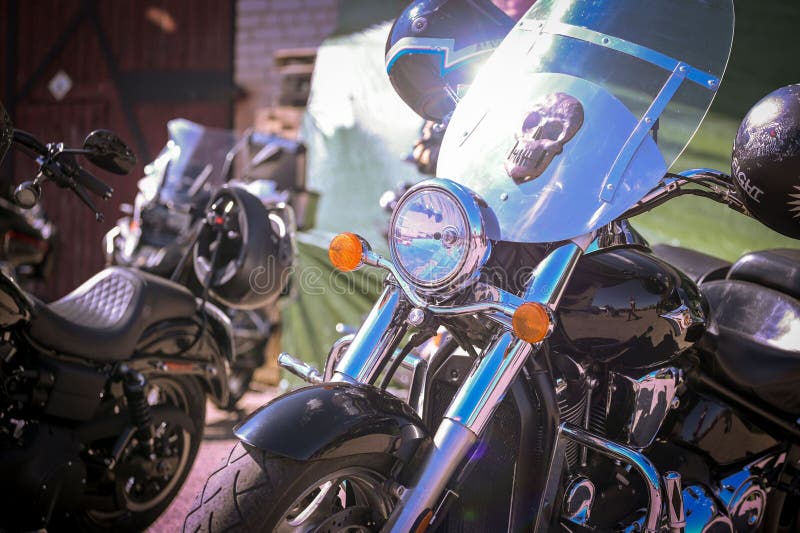 Parked Motorcycles with Custom Decorations and Accessories Stock Image ...