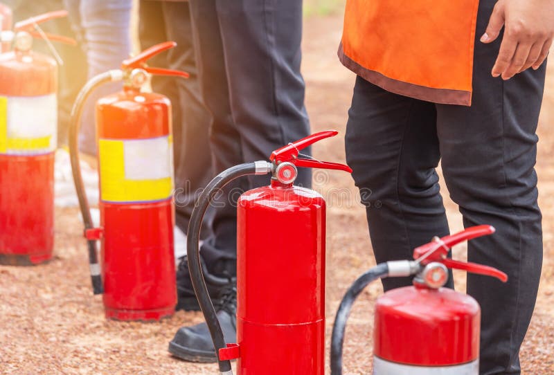 Close Up Row of Red Fire Extinguisher Dry Chemical during Basic Fire ...