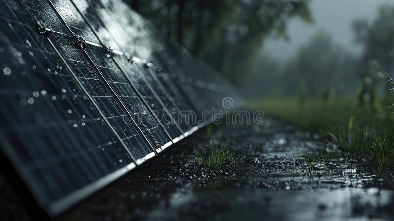 Close Up of a Row of Solar Panels in the Rain. Stock Image - Image of ...