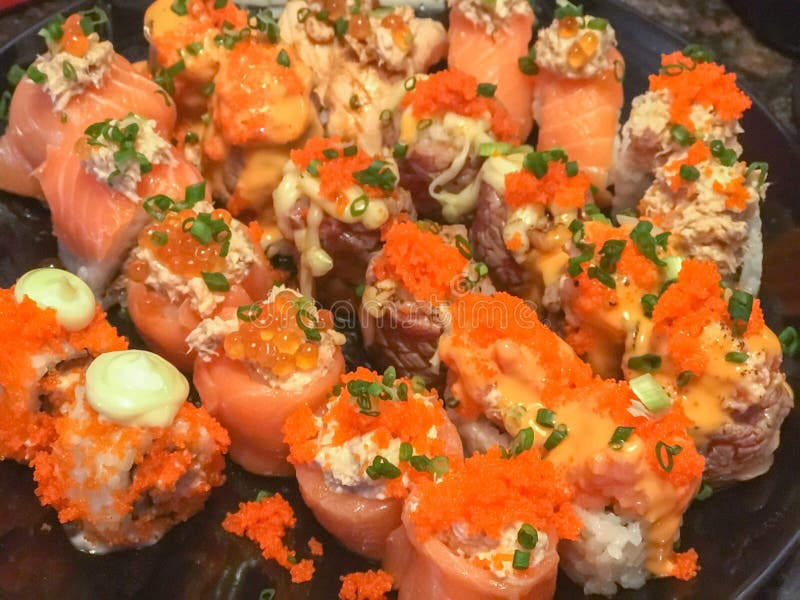 Row of Various of Sushi at Japan Restaurant Stock Photo - Image of ...
