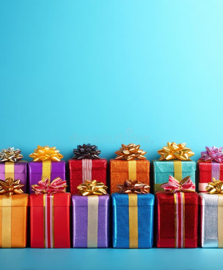 Close-up of a Row of Vibrant Wrapped Gift Boxes with Decorative Bows on ...