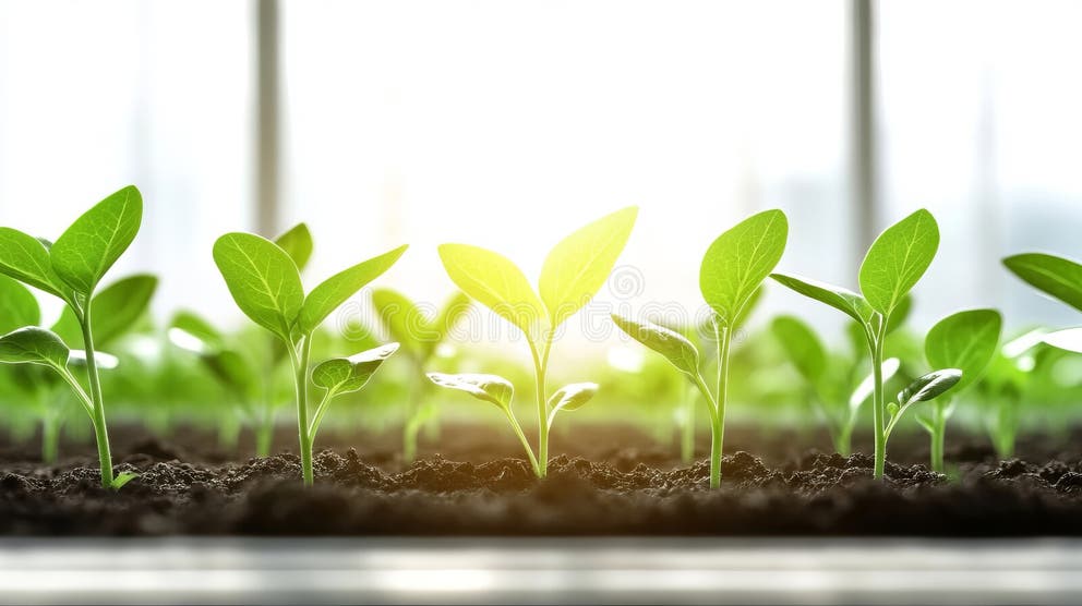 A Close Up of a Row of Young Plants Growing in a Pot Stock Photo ...