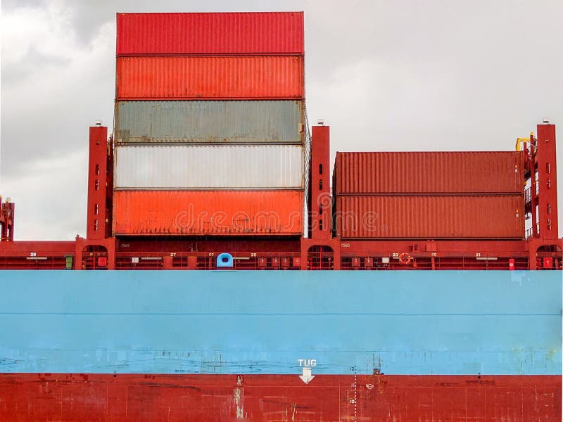 Close-up of Rows of Containers on a Huge Container Ship. Freight ...