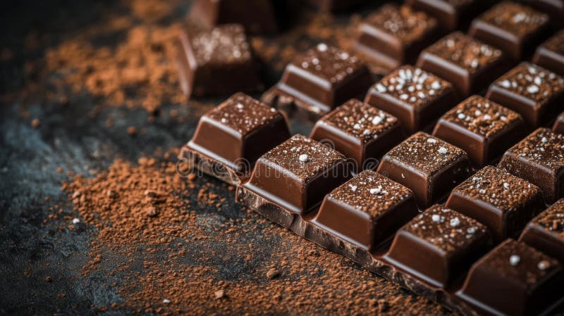 Close Up of Rows of Dark Chocolate Blocks with Cocoa Powder on Dark ...