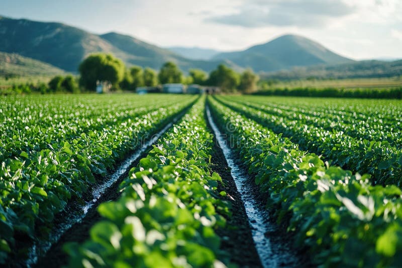 Close Up of Rows of Well Watered Crops with Mountains in the Background ...