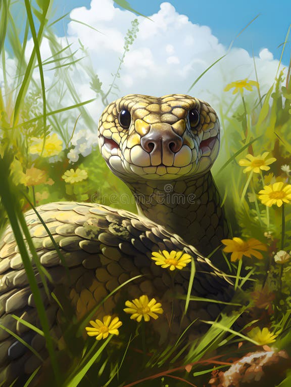 Serpent Python Snake on a Meadow in the Grass Looking into the Camera ...