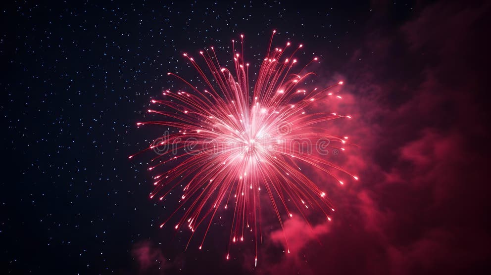 Close Up of an Ruby Firework in the Sky. Festive Template for New Year ...