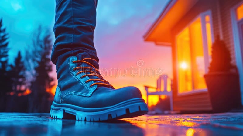 Close-up of Rugged Boot on Pavement at Colorful Sunset First-Foot Day ...